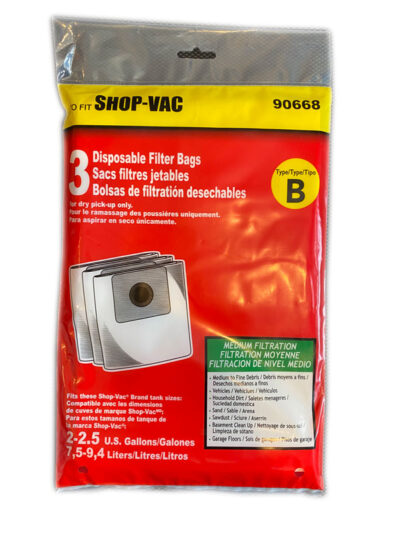 SHOP VAC 90668 TYPE B DISPOSABLE FILTER BAGS 2 TO 2.5 GALLON ...